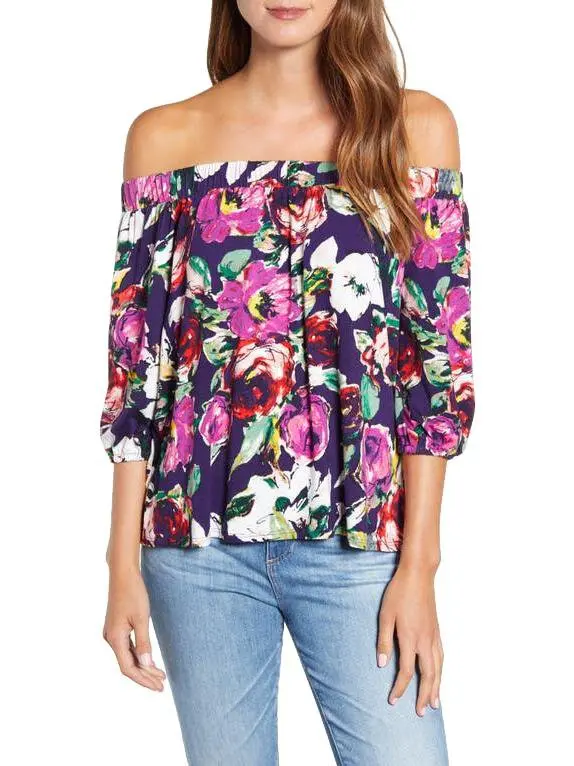 Loveappella Floral Off-the-shoulder Top - Azalea/plum