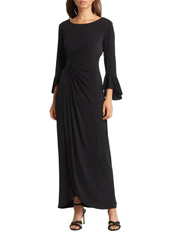 CONNECTED APPAREL Bell Sleeve Gathered Waist Gown - Black