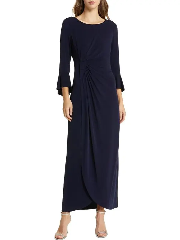 CONNECTED APPAREL Bell Sleeve Gathered Waist Gown - Navy