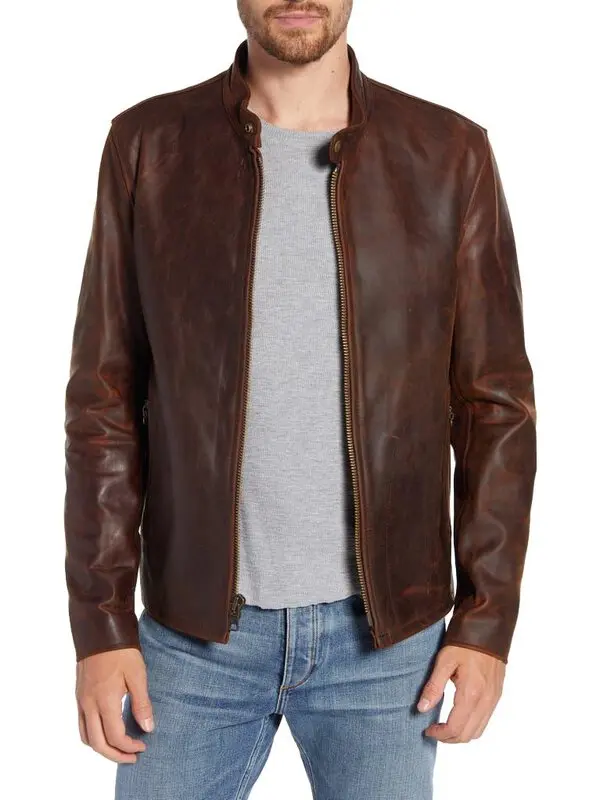 SCHOTT Café Racer Oiled Cowhide Leather Jacket - Brown