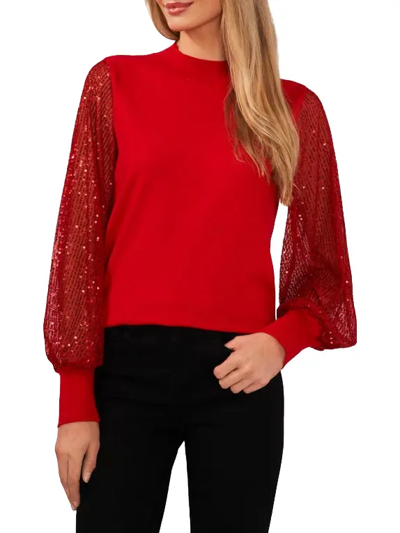 CECE DUPRAZ Sequin Sleeve Mock Neck Sweater - Luminous Red
