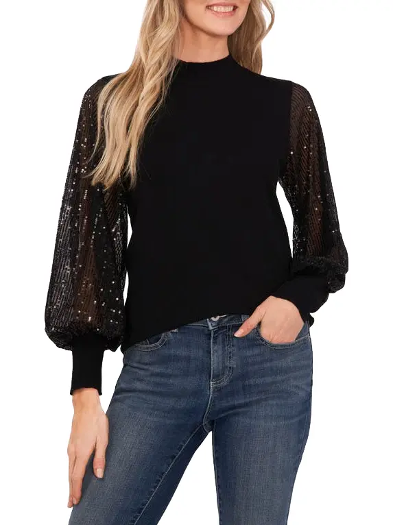 CECE DUPRAZ Sequin Sleeve Mock Neck Sweater - Rich Black