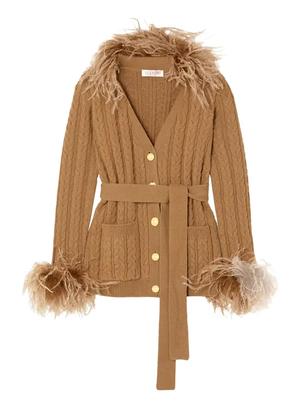 Valentino Garavani Belted Feather-trimmed Wool Cardigan - Brown