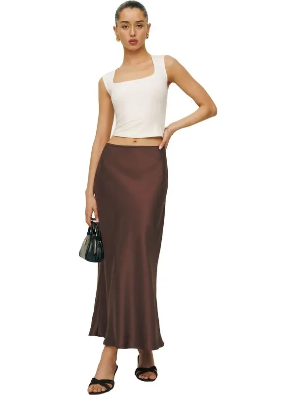 REFORMATION Layla Silk Midi Skirt - Brown