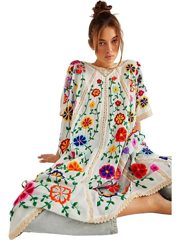Free People Bella Flor Embroidered Kaftan - Natural