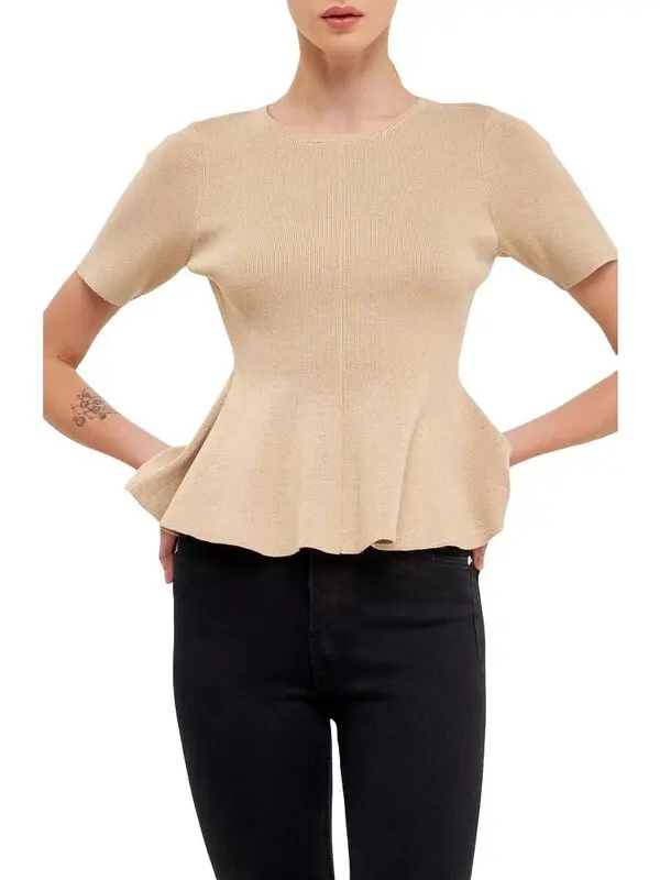 Endless Rose Peplum Short Sleeve Sweater - Beige