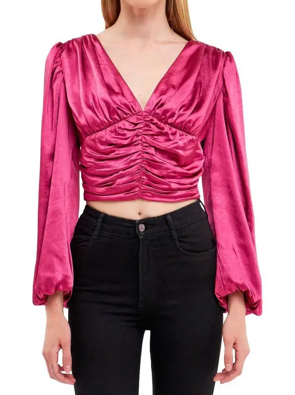 Endless Rose Ruched Satin V-neck Cropped Top - Berry