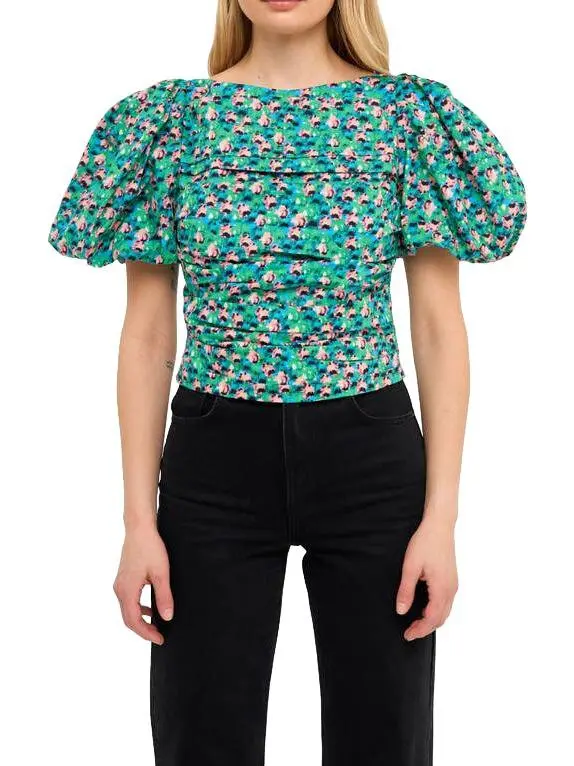 Endless Rose Floral Print Cotton Poplin Blouse - Aqua Multi