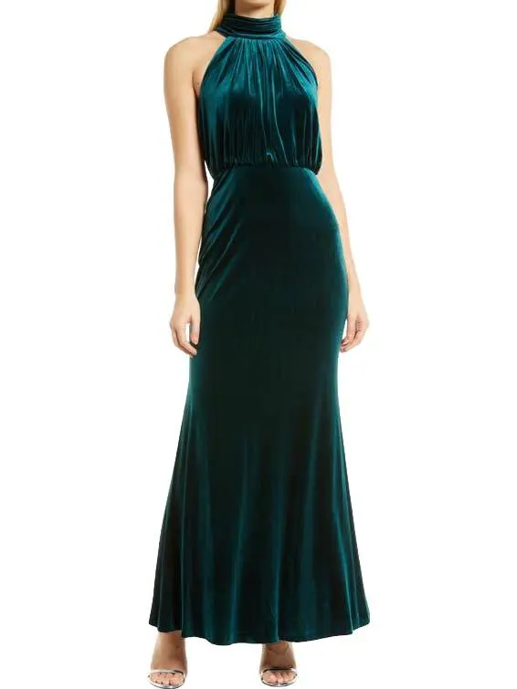 Eliza J Mock Neck Velvet Gown - Hunter