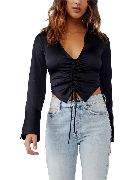 Free People Aurora Cinched Satin Blouse - Black