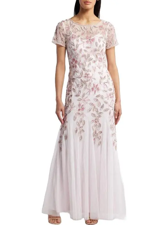 Adrianna Papell Floral Embroidered Beaded Trumpet Gown - Blush Pink