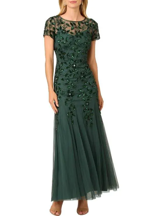 Adrianna Papell Floral Embroidered Beaded Trumpet Gown - Dusty Emerald