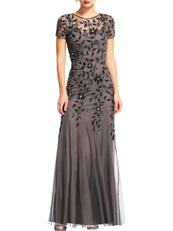 Adrianna Papell Floral Embroidered Beaded Trumpet Gown - Lead