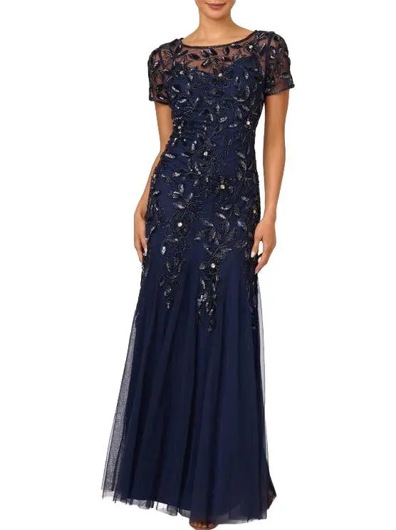 Adrianna Papell Floral Embroidered Beaded Trumpet Gown - Light Navy