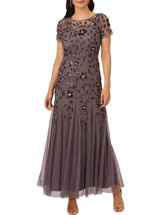 Adrianna Papell Floral Embroidered Beaded Trumpet Gown - Moonscape