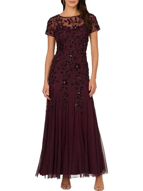 Adrianna Papell Floral Embroidered Beaded Trumpet Gown - Night Plum