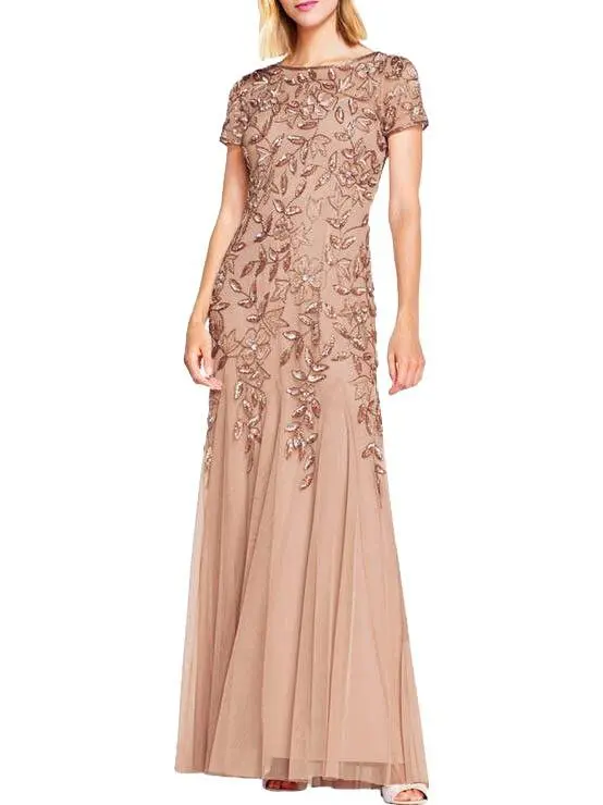 Adrianna Papell Floral Embroidered Beaded Trumpet Gown - Rose Gold