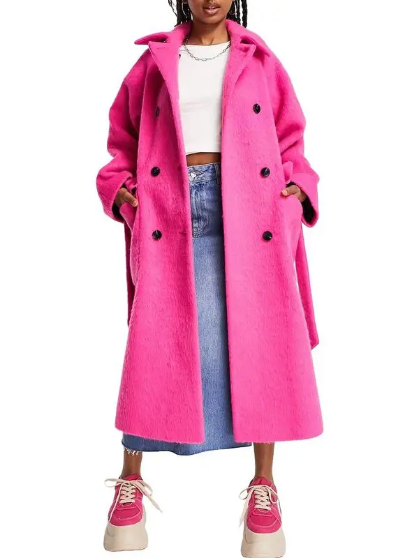 Topshop Double Breasted Tie Waist Trench Coat - Bright Pink