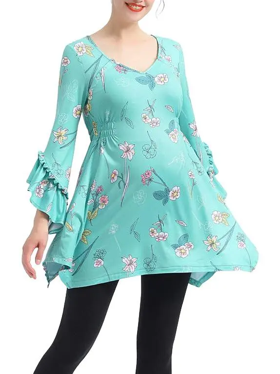 KIMI + KAI Maternity/nursing Tunic With Flare Sleeves And Floral Print - Multi Colored