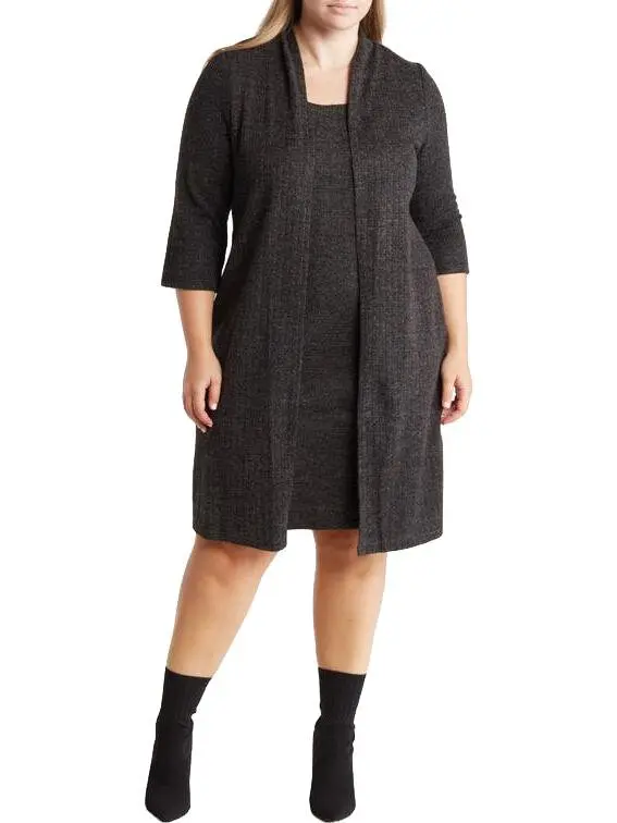 CONNECTED APPAREL Rib Knit Jacket Midi Dress - Black
