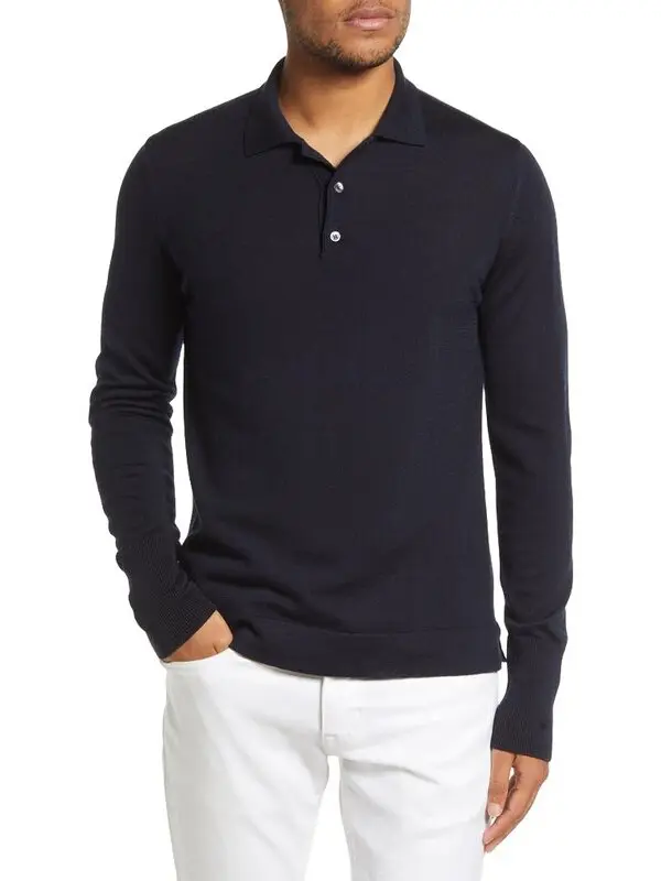 Officine Générale Brutus Long Sleeve Wool & Lyocell Polo - Navy