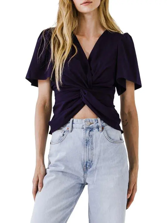 Endless Rose Twist Front Ruffle Sleeve Blouse - Navy