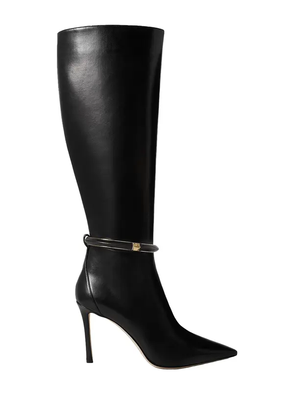 JIMMY CHOO Dreece 95 Embellished Leather Knee Boots - Black