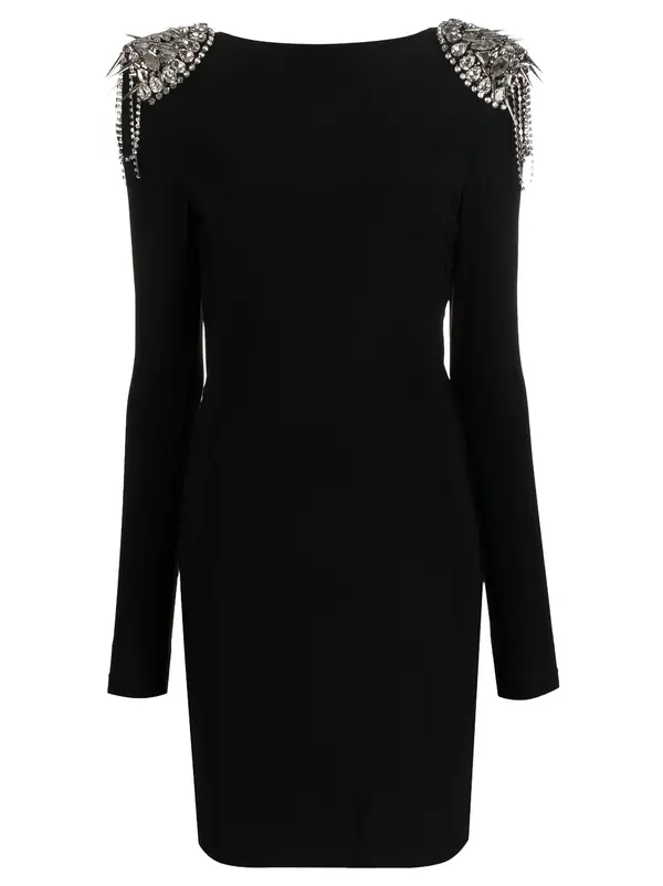 Philipp Plein Crystal-shoulder Long Sleeve Draped Dress - Black