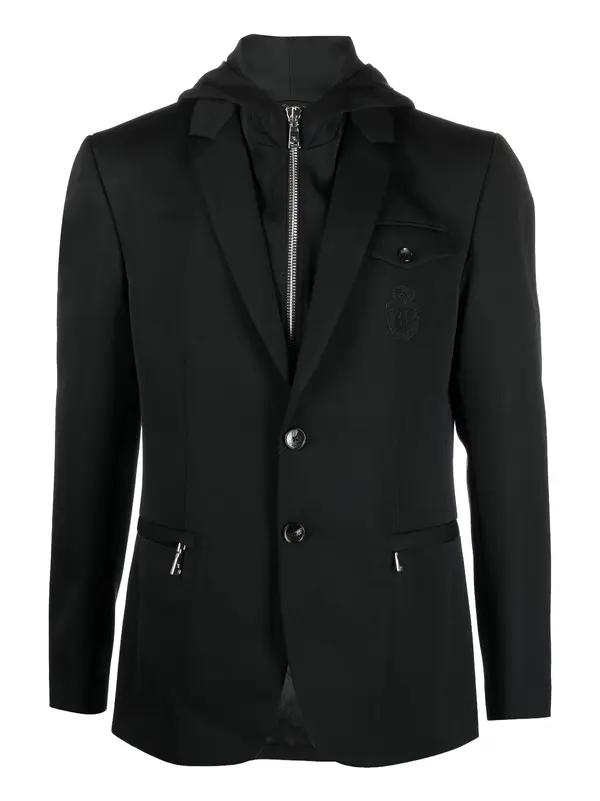 BILLIONAIRE Embroidered-crest Hooded Blazer - Black