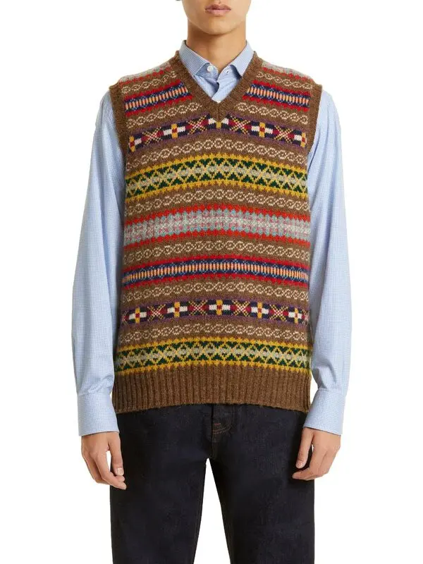 DRAKE'S Fair Isle Wool Sweater Vest - Tan