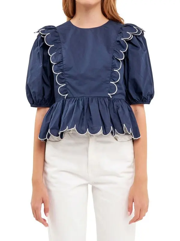English Factory Contrast Scalloped Trim Cotton Top - Navy/white
