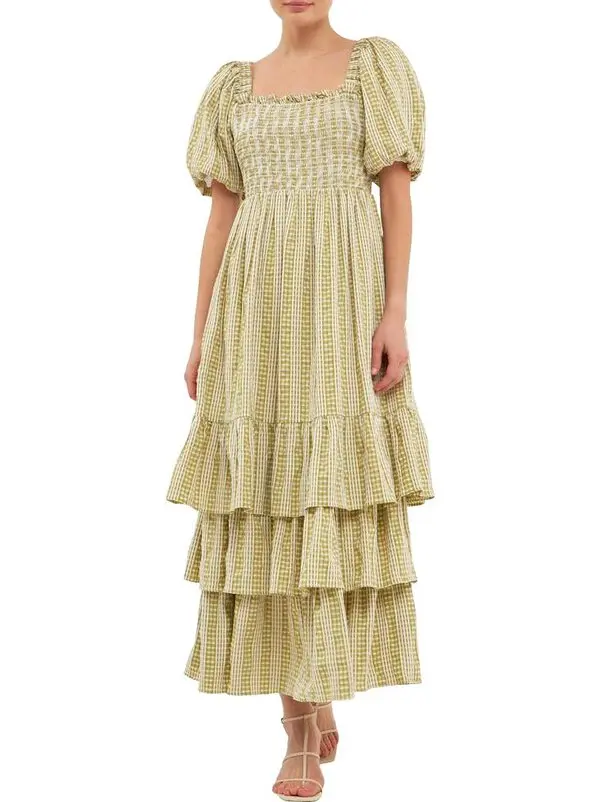 English Factory Gingham Stripe Tiered Dress - Avocado