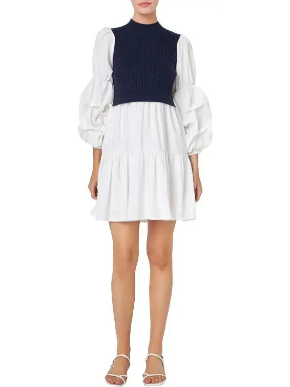 English Factory Mixed Media Tiered Dress - Navy/ White
