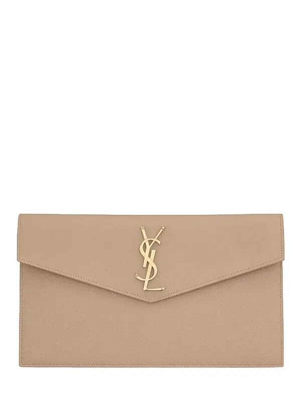 Saint Laurent Leather Uptown Clutch - Beige Grain Leather/gold
