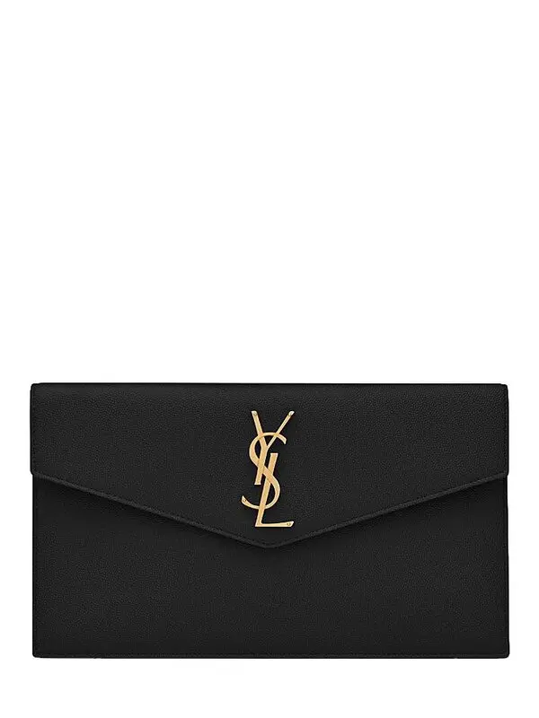 Saint Laurent Leather Uptown Clutch - Black Grain Leather/gold