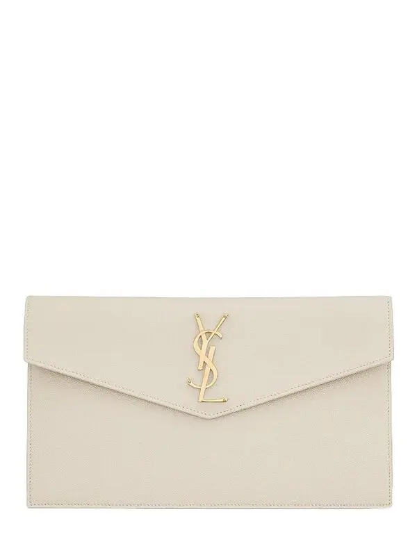 Saint Laurent Leather Uptown Clutch - White Grain Leather/gold