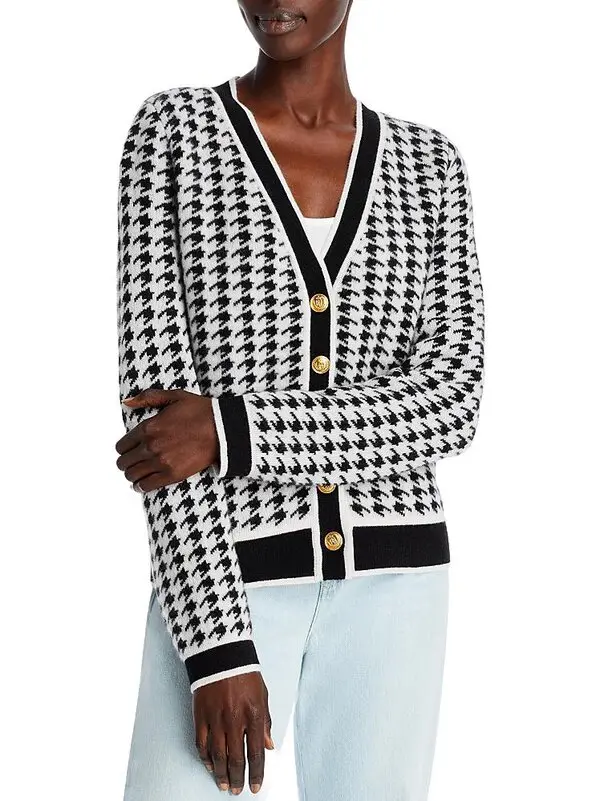 Bloomingdale'S C Houndstooth Cashmere Cardigan - Black/ivory