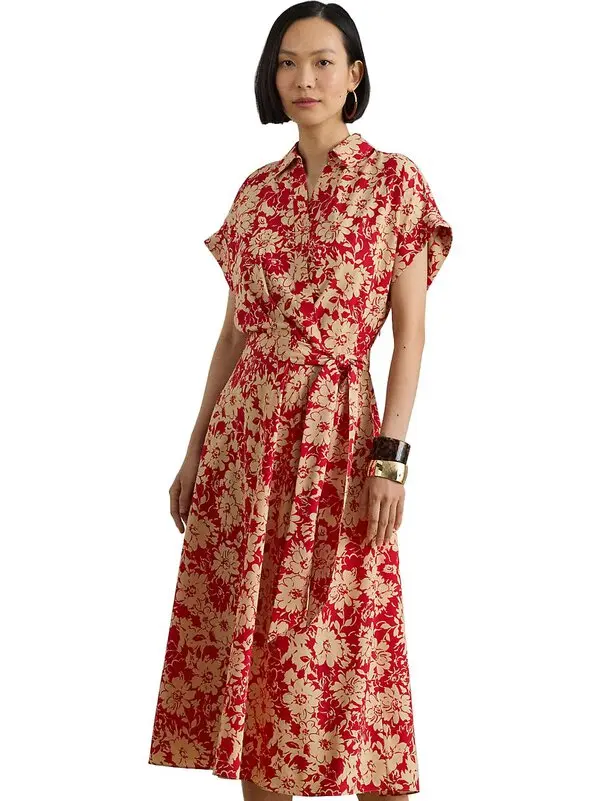 Ralph Lauren Floral Crepe De Chine Belted Midi Shirt Dress - Red/tan