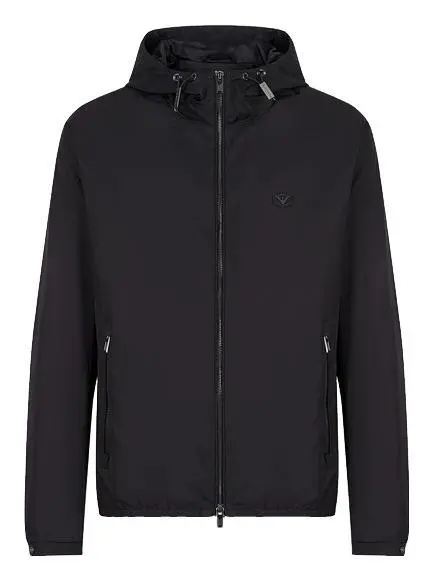 Emporio Armani Hooded, Water-repellent Nylon Blouson With Logo Patch - Navy