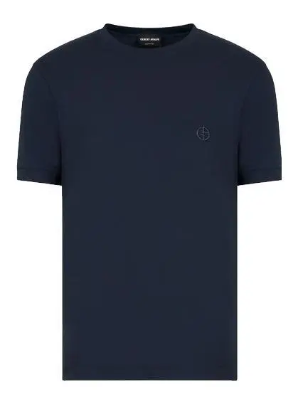 Giorgio Armani Asv Stretch Viscose Jersey Jumper With Crew Neck And Short Sleeves - Navy