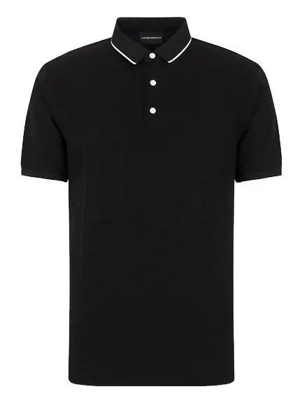 Emporio Armani Mercerised Jersey Polo Shirt With All-over Jacquard Eagle - Black