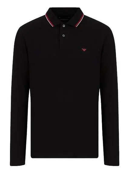 Emporio Armani Long-sleeved Stretch Piqué Polo Shirt With Micro Eagle Embroidery - Black