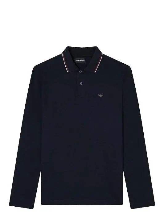 Emporio Armani Long-sleeved Stretch Piqué Polo Shirt With Micro Eagle Embroidery - Navy