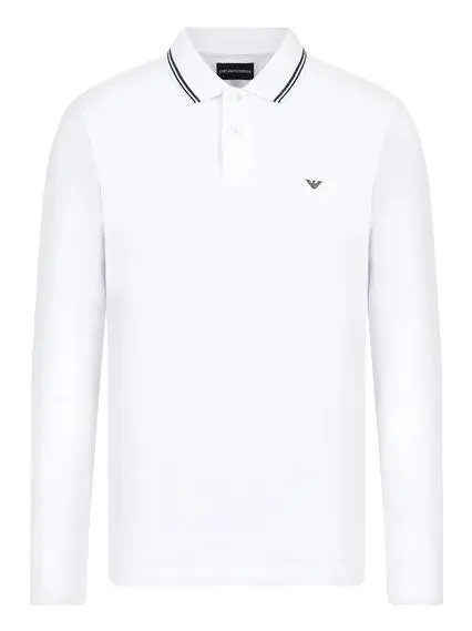 Emporio Armani Long-sleeved Stretch Piqué Polo Shirt With Micro Eagle Embroidery - White