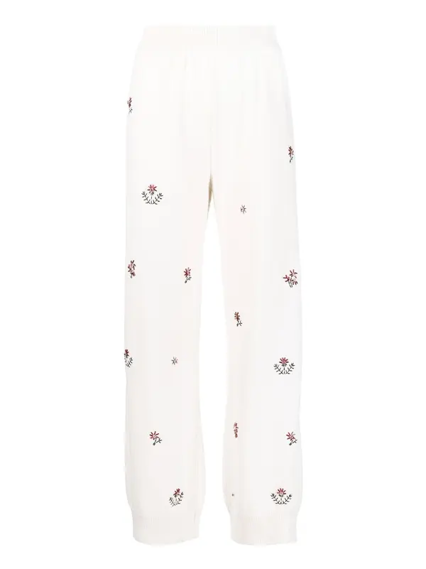 BARRIE Floral-embroidered Cashmere Trousers - White