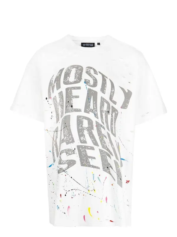 MOSTLY HEARD RARELY SEEN Warped-text Paint T-shirt - White