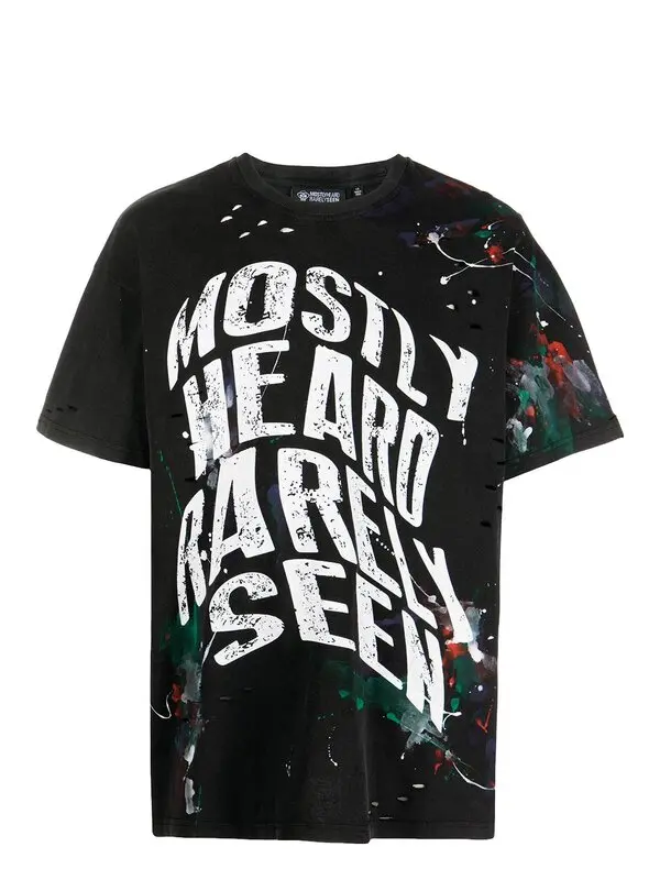 MOSTLY HEARD RARELY SEEN Warped-text Paint T-shirt - Black