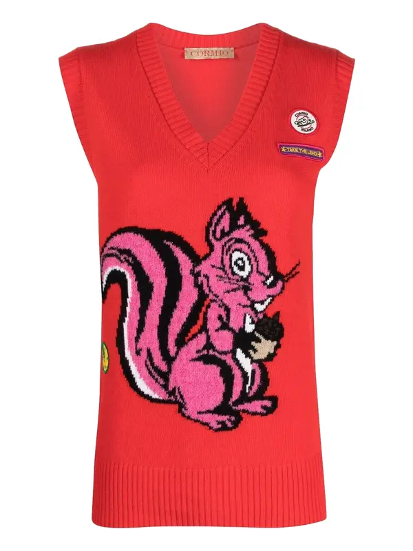 CORMIO Squirrel-print Knit Vest - Red