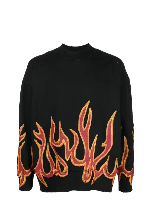 Palm Angels Graffiti Flames Distressed Sweatshirt - Black