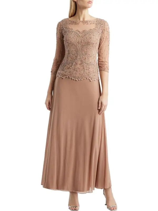 Pisarro Nights Beaded Mesh Two-piece Gown - Dusty Rose 660